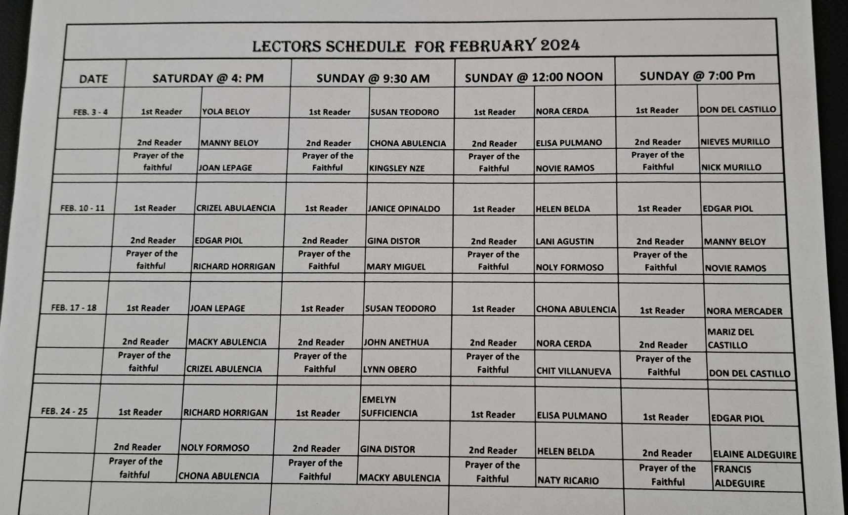 Service Schedule for Lectors & Eucharistic Ministers - Assumption ...
